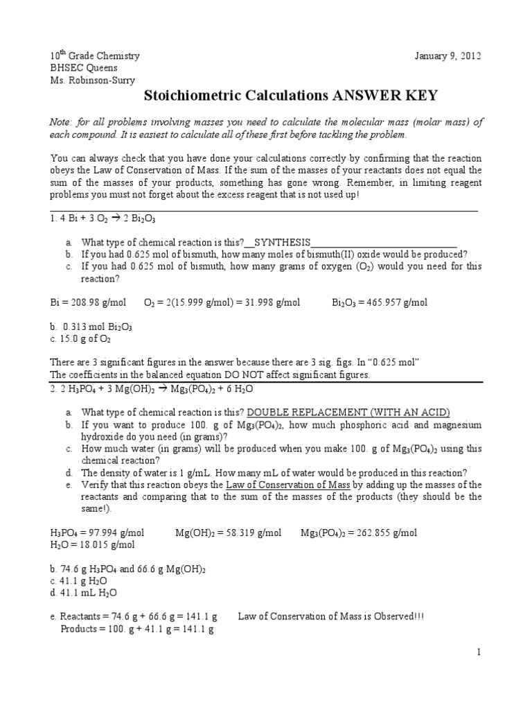 Stoichiometric Calculations Worksheet KEY | PDF | Mole (Unit ...