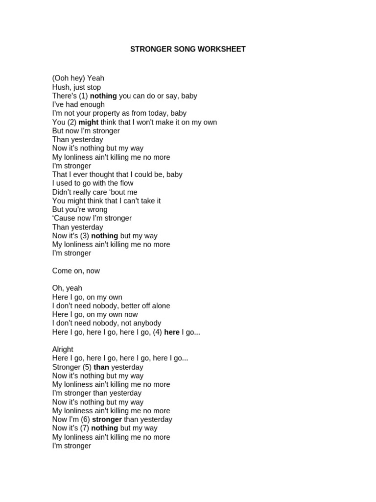 Stronger Song Worksheet | PDF