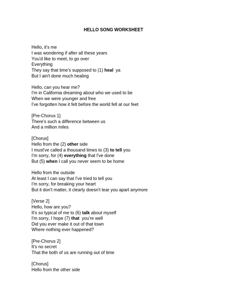 Hello Song Worksheet | PDF