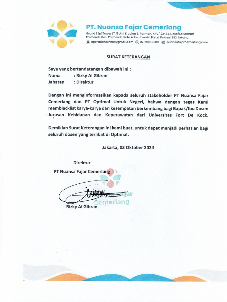 Surat Keterangan Blacklist Universitas Fort de Kock | PDF