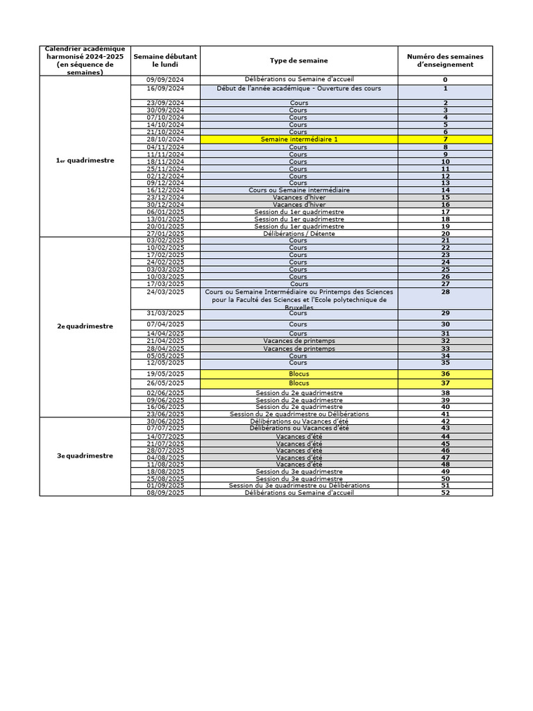 Calendrier2425 ULB | PDF