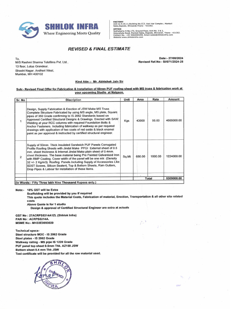 Revised Final Estimate - Rashmi Sharma Telefilms | PDF