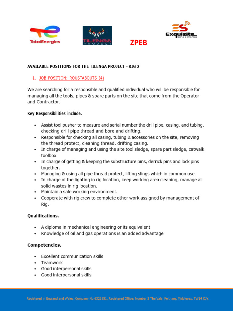 Available Positions For The Tilenga Project September 2024 | PDF