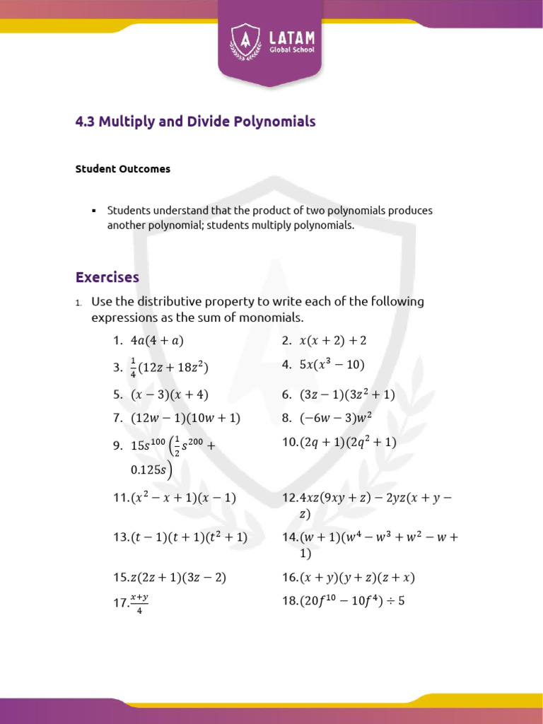 4.3A Multiply and Divide Polynomials | PDF | Polynomial | Computational ...