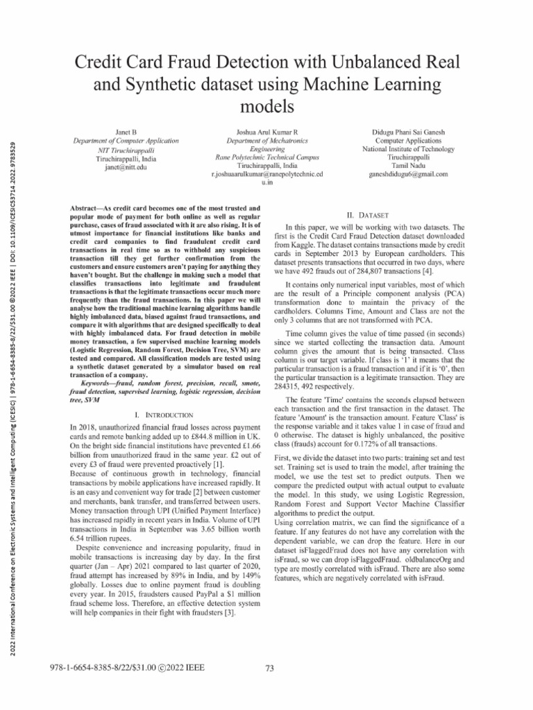 Credit Card Fraud Detection With Unbalanced Real and Synthetic Dataset Using Machine Learning ...
