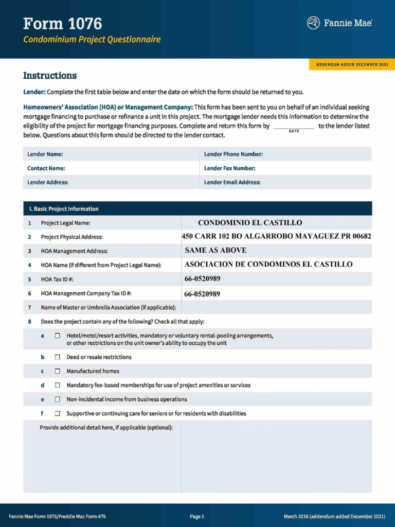 FNMA Questionnaire 1076 | PDF