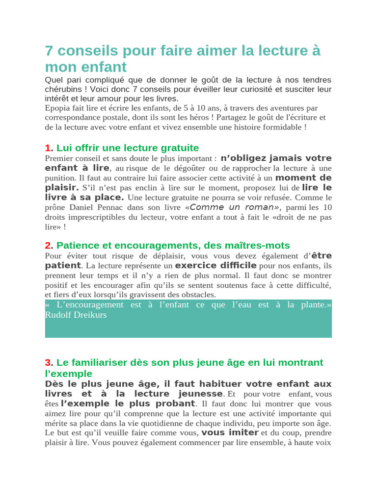 7 Conseils Pour Faire Aimer La Lecture À Mon Enfant | PDF
