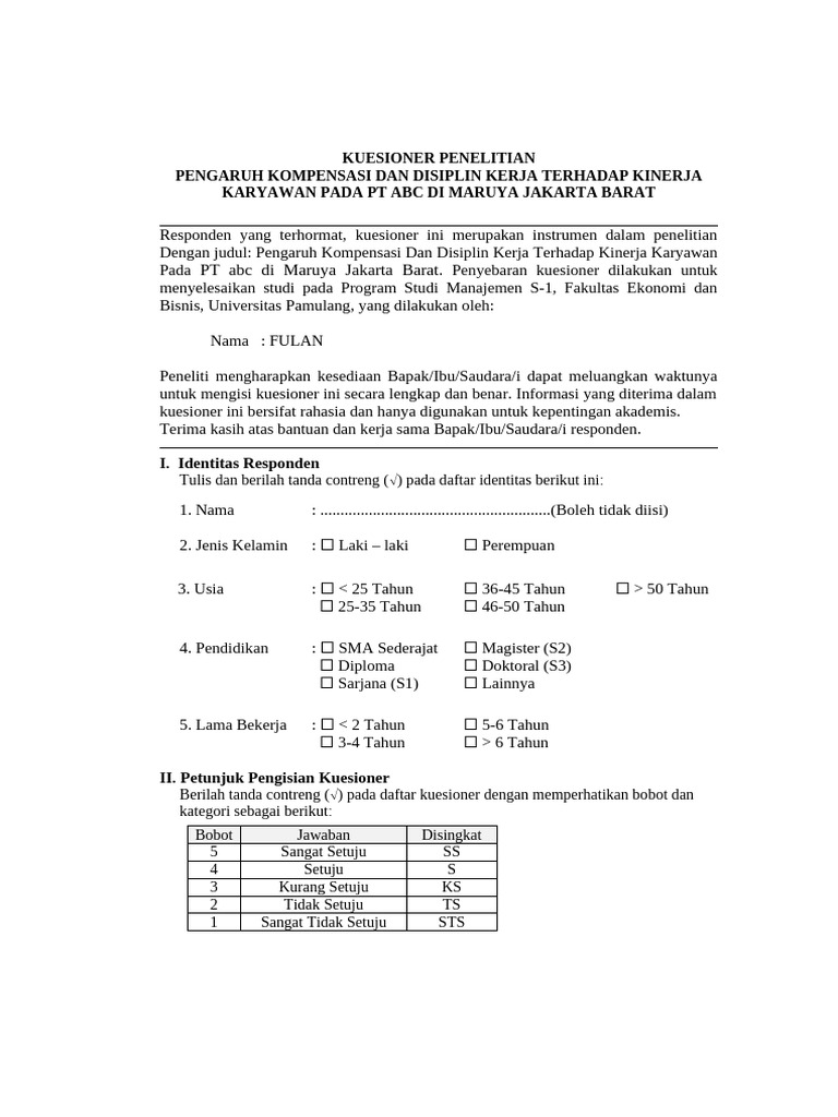 Contoh Kuesioner SDM | PDF