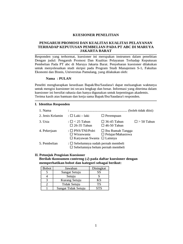 Contoh Kuesioner Pemasaran | PDF