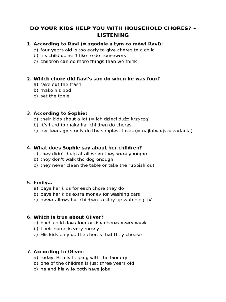 DO YOUR KIDS HELP YOU WITH HOUSEHOLD CHORES Listening | PDF