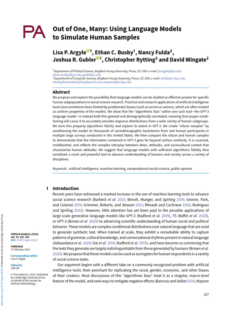 Out of One Many Using Language Models To Simulate Human Samples | PDF