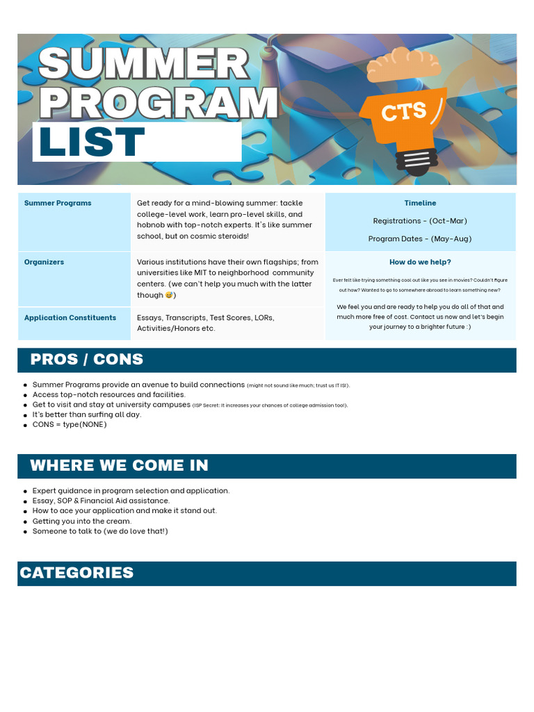 List of Summer Program For Jigh School Students | PDF