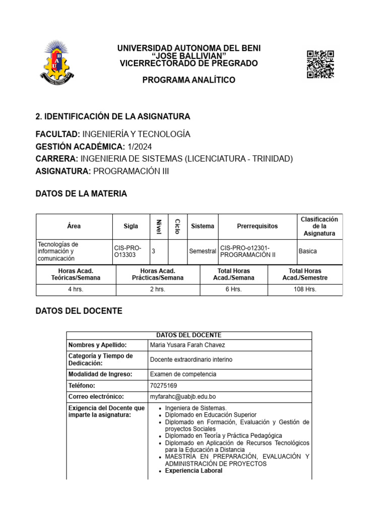 Programa Analitico PROGRAMACION III | PDF