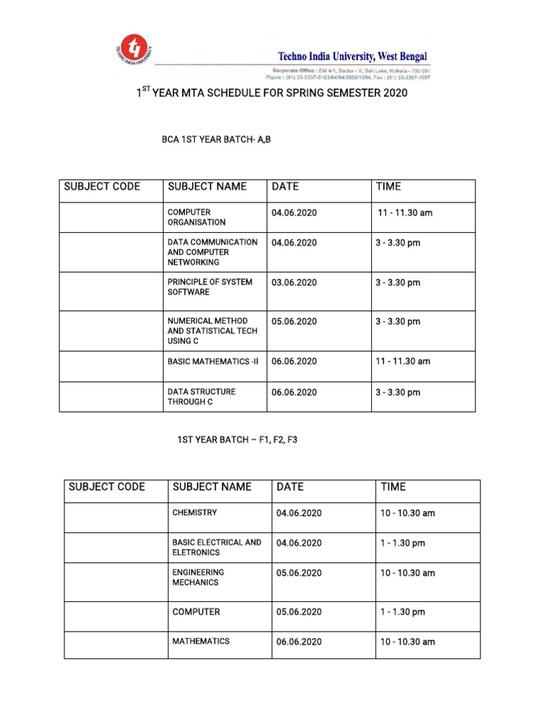 1st Year - 2nd Sem MTA Schedule 2020 | PDF