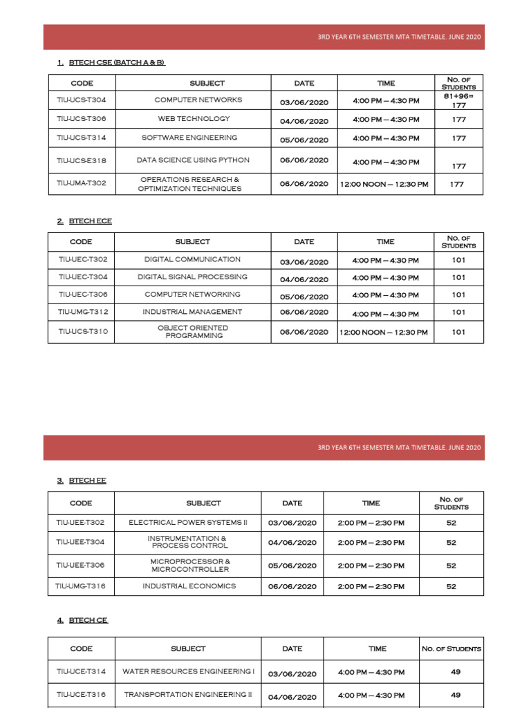 3rd year _ 6th Semester MTA Schedule | PDF