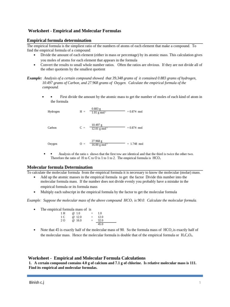 Odev Worksheet2-Empiricalandmolecularformulas | PDF