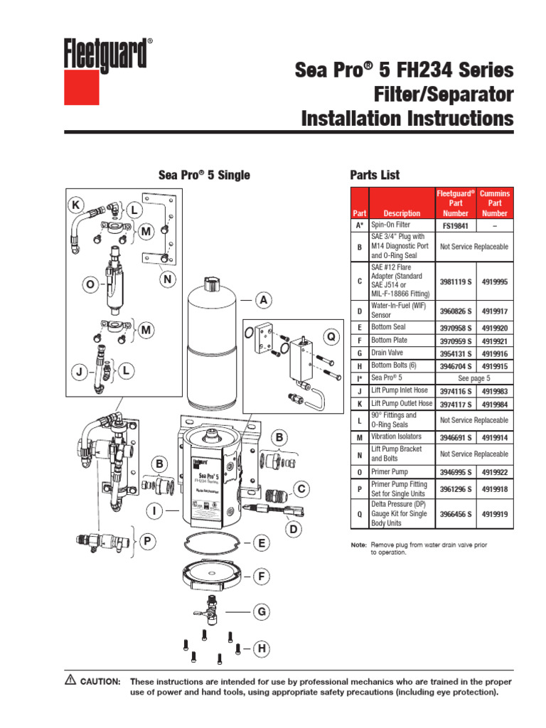Sea Pro 5 FH234 Series Filter/Separator Installation Instructions | PDF ...