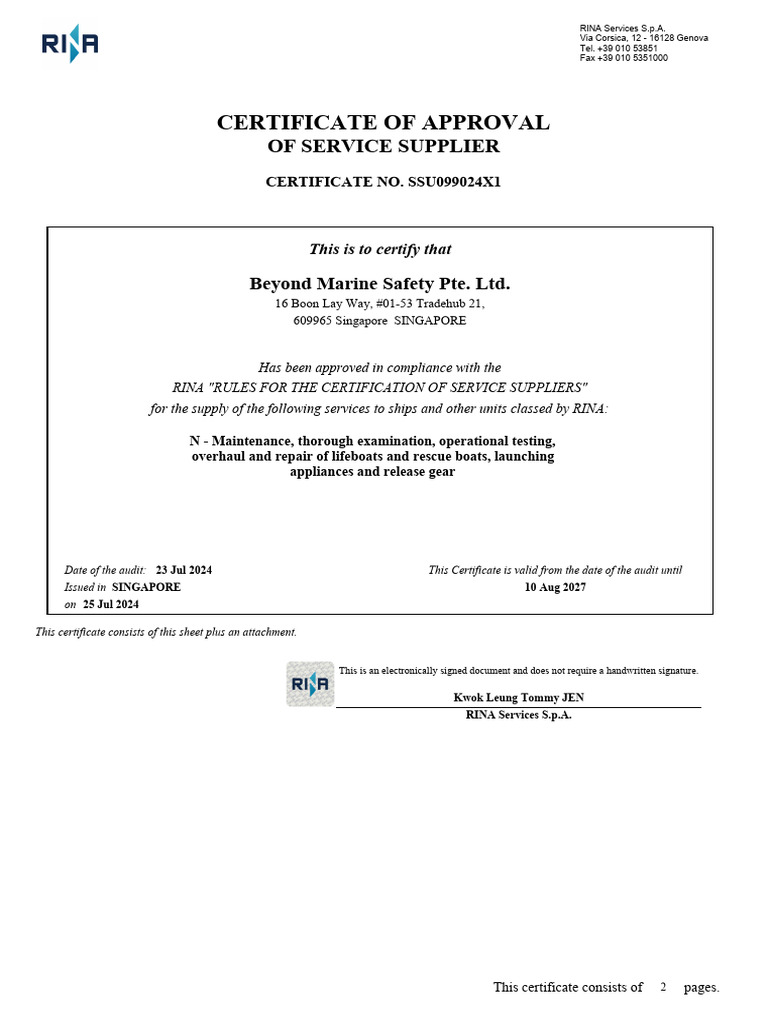 Class RINA - Approval of Service Supplier (2027-08-10) | PDF