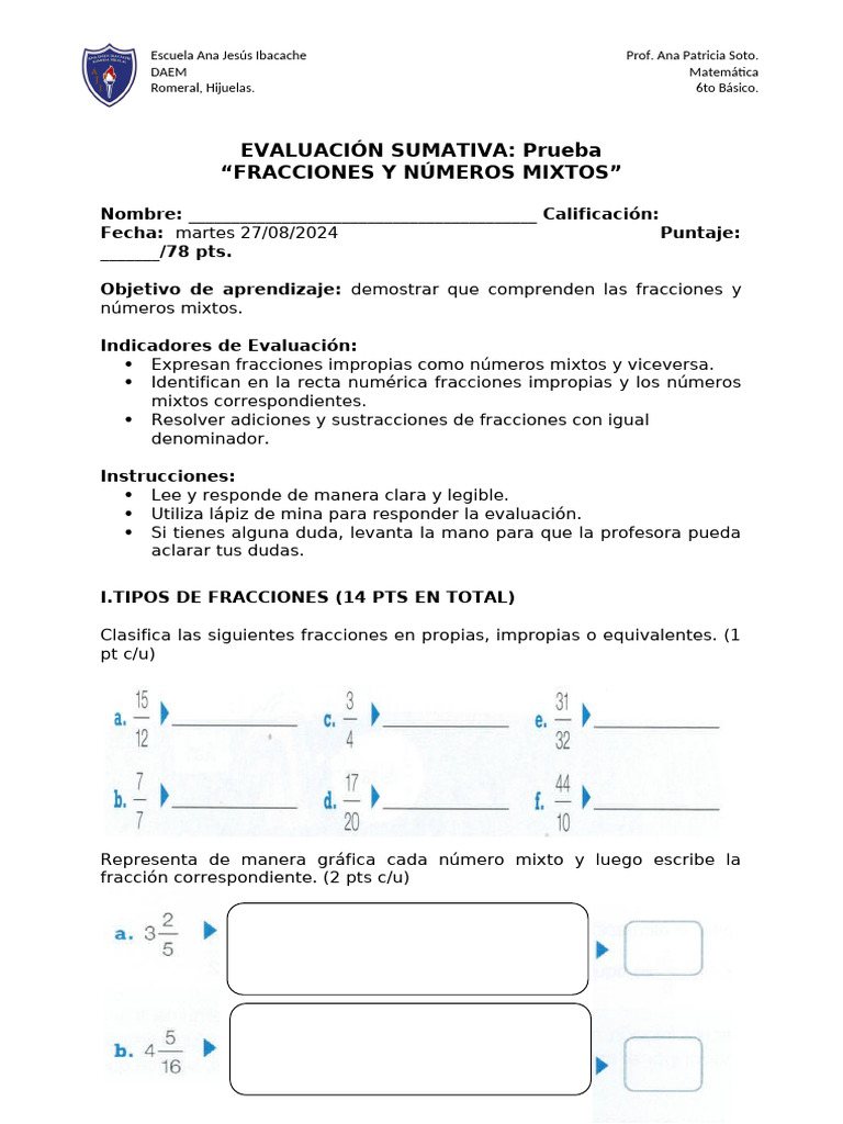 Prueba 6° Básico FRACCIONES | PDF | Matemáticas | Matemática Elemental