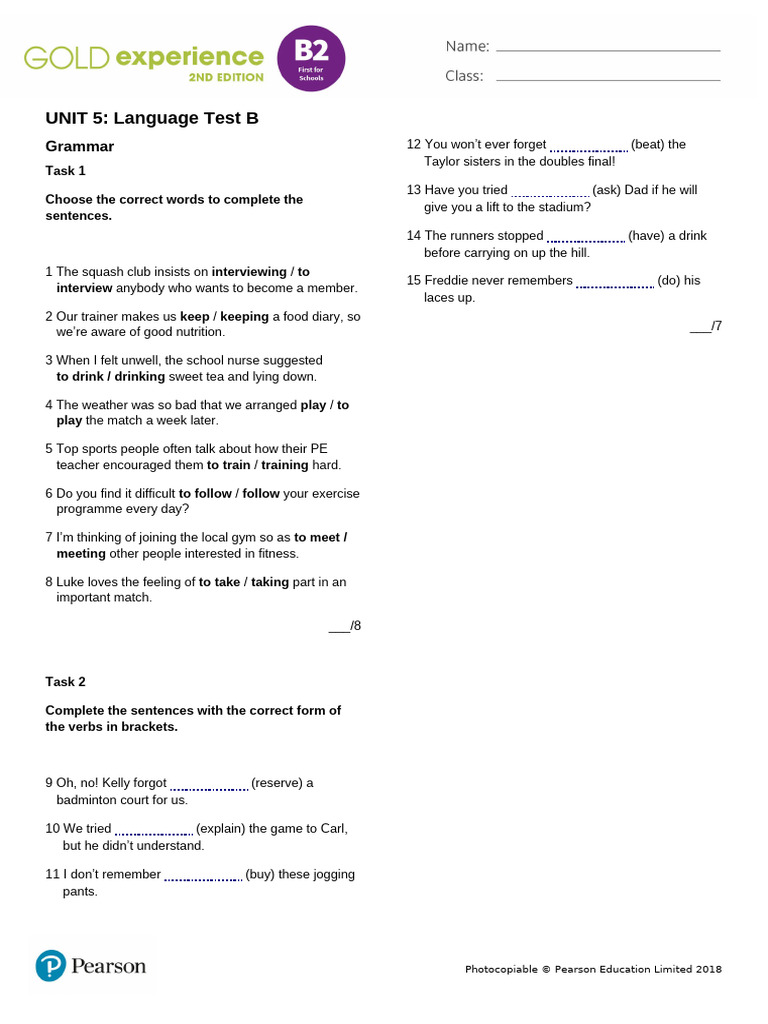 Gold Exp B2 Unit 5 Language Test B | PDF