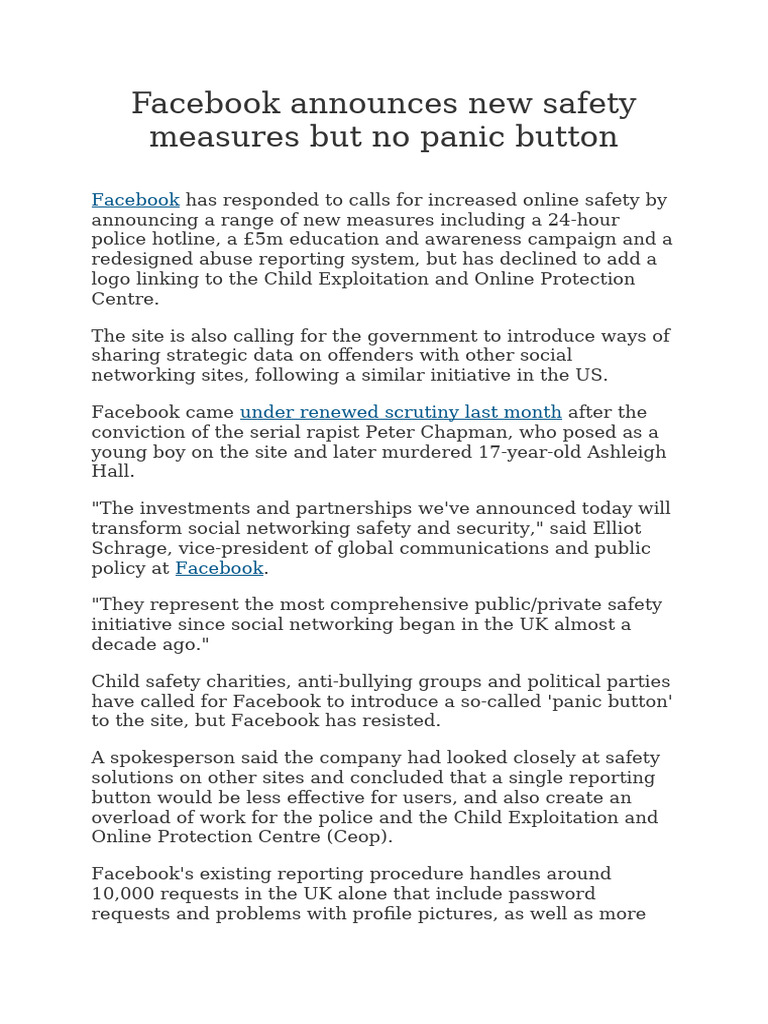 Facebook Announces New Safety Measures But No Panic Button | PDF