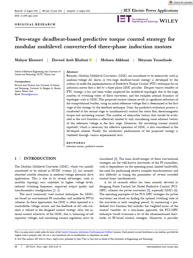 IET Electric Power Appl - 2023 - Khosravi - Two Stage Deadbeat Based Predictive Torque Control ...