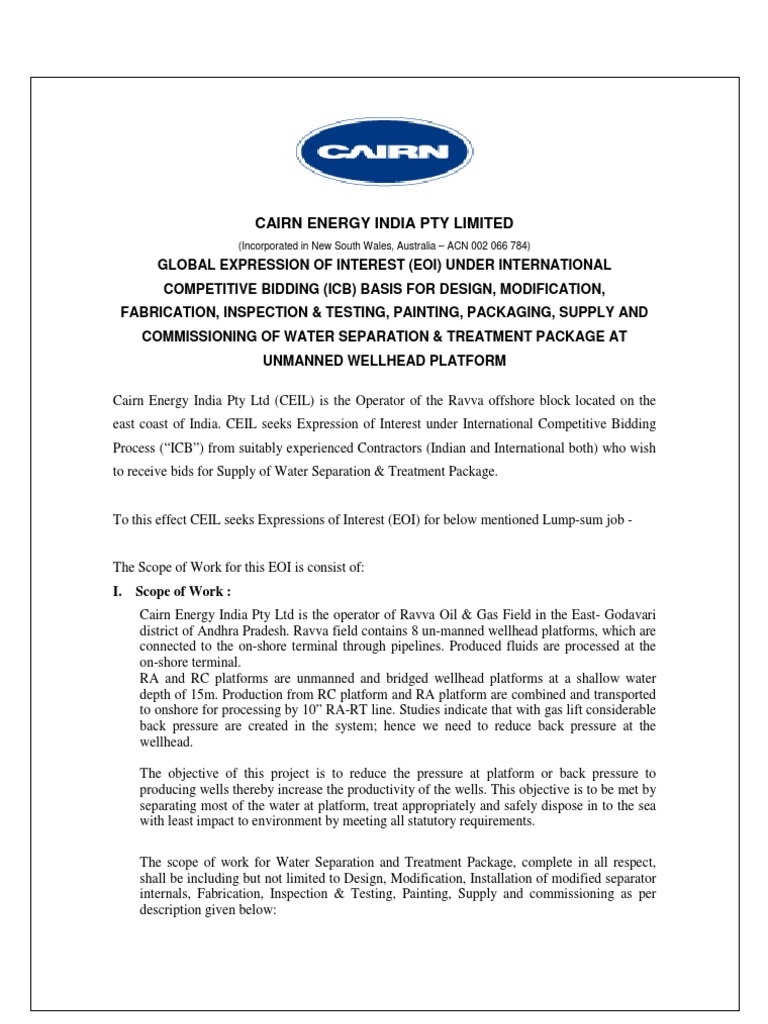 EOI for Water Treatment Package at Ravva | PDF | Joint Venture | Energy ...