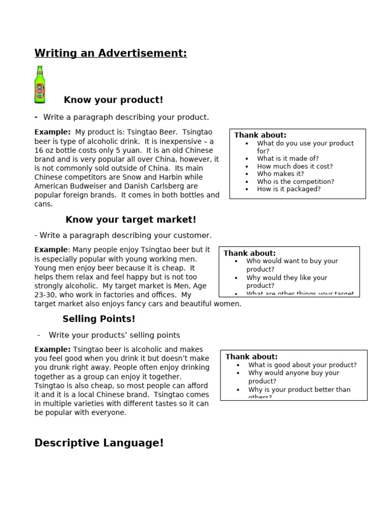 Writing An Advertisement Writing Creative Writing Tasks - 79456 | PDF