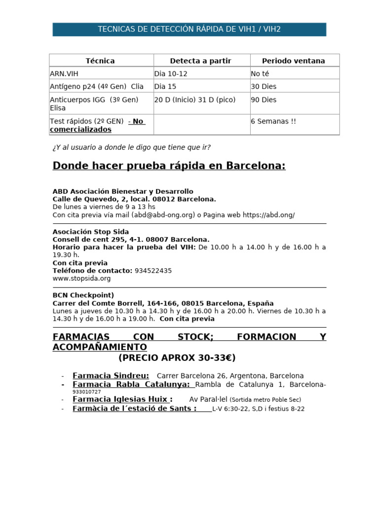 Tecnicas Rápidas DX VIH y Recursos en BCN A Donde Recurrir o Derivar | PDF