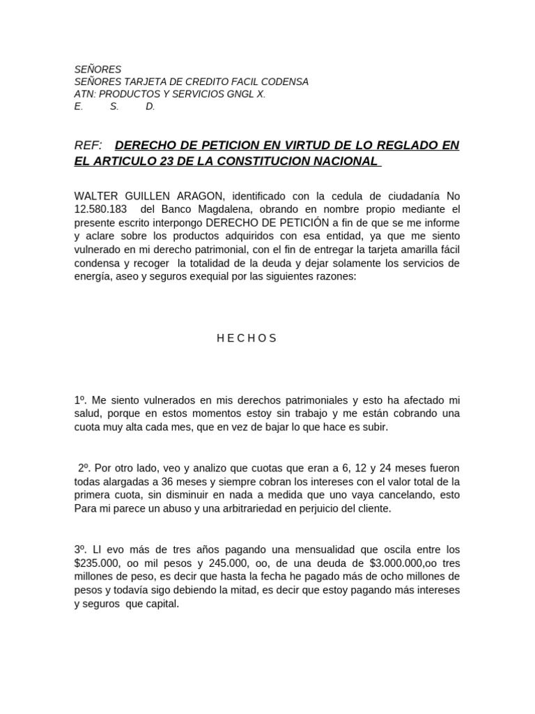 Derecho de Peticion Tarjeta Codensa | PDF