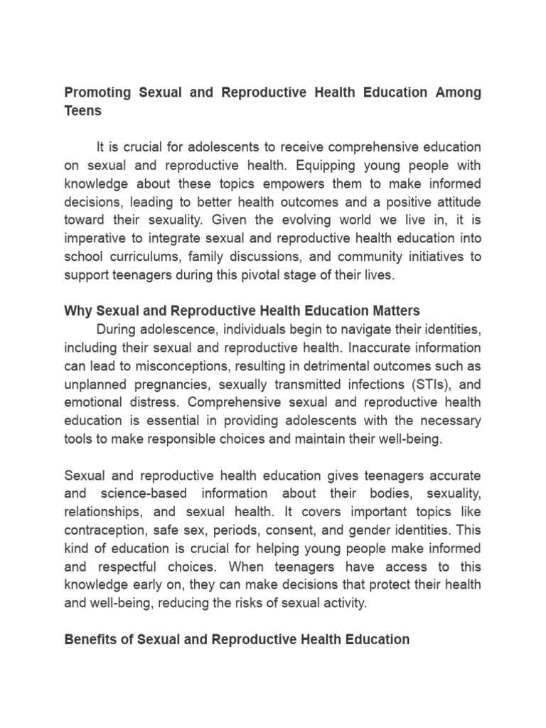 Promoting Sexual and Reproductive Health Education Among Teens | PDF
