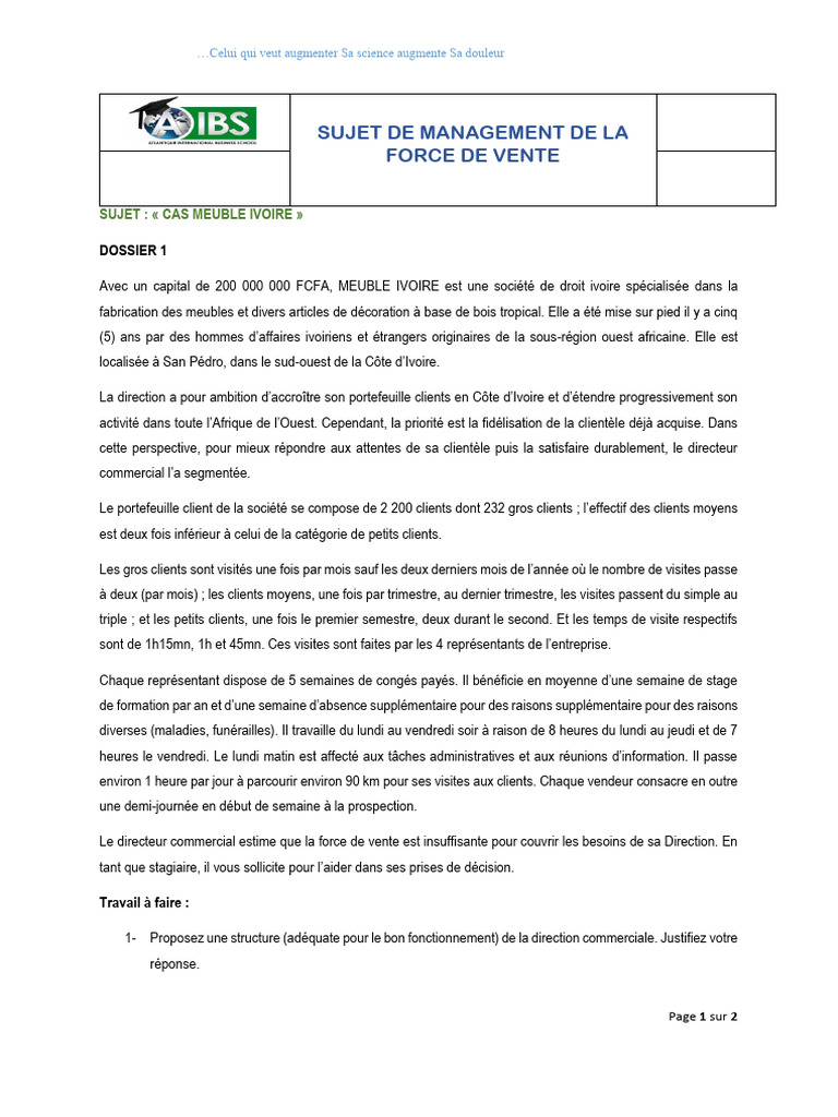 Sujet de Management de La Force de Vente l2 Marketing Management Aibs | PDF