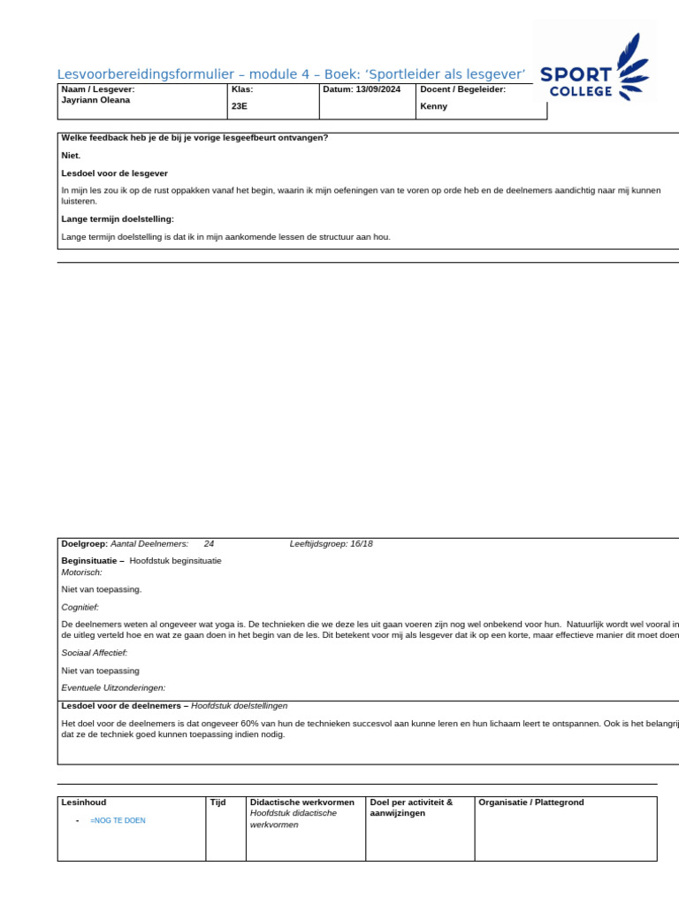 Lesvoorbereidingsformulier Jaar 2 Oefening | PDF