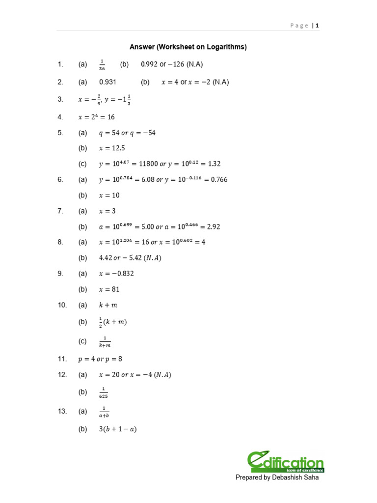 Answer Worksheet On Logarithms Vol 2 | PDF