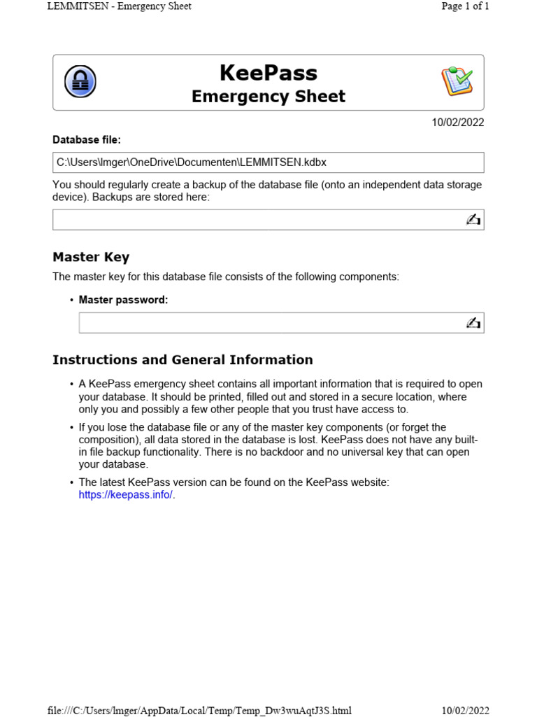 Keepass Emergency Sheet | PDF