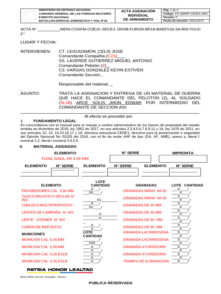 ACTA ASIGNACIÓN INDIVIDUAL DE ARMAMENTO Código FO-JEMPP-CEDE4-1900-1 | PDF