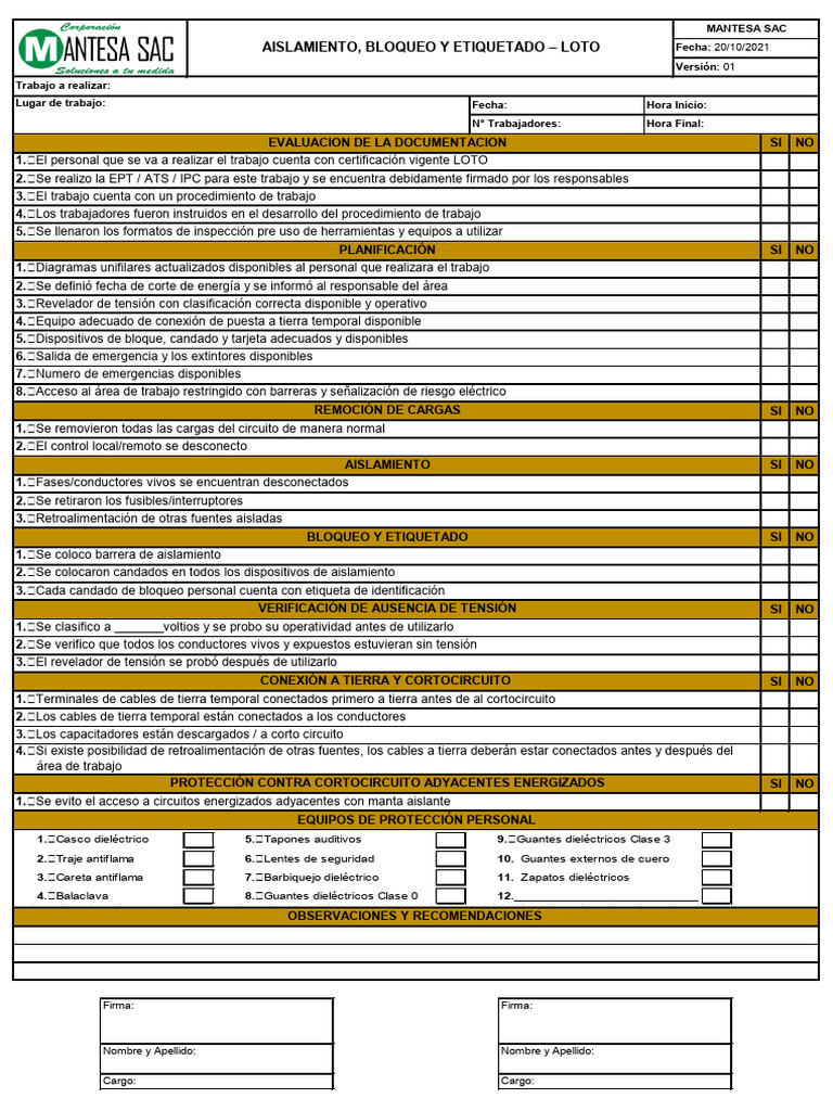 Formato Aislamiento, Bloqueo y Etiquetado - Loto - Mantesa | PDF