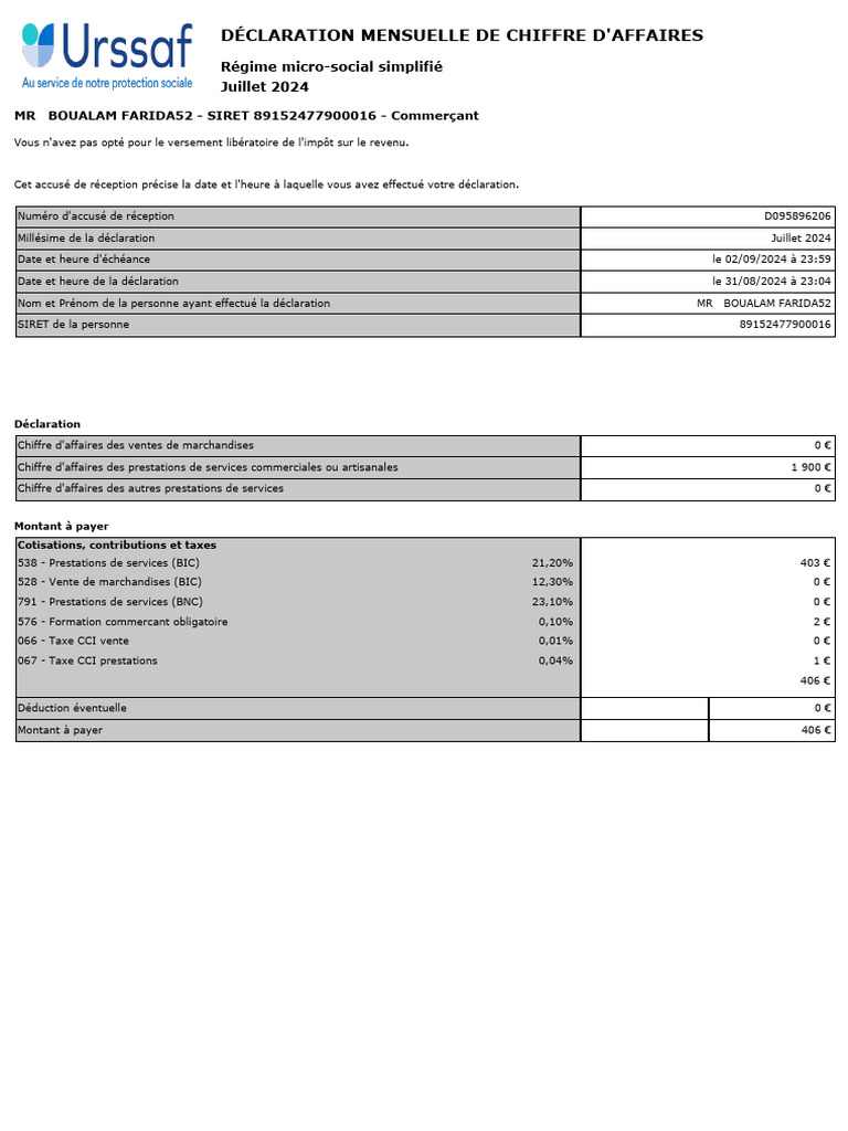 Déclaration Mensuelle de Chiffre D'Affaires: Régime Micro-Social ...