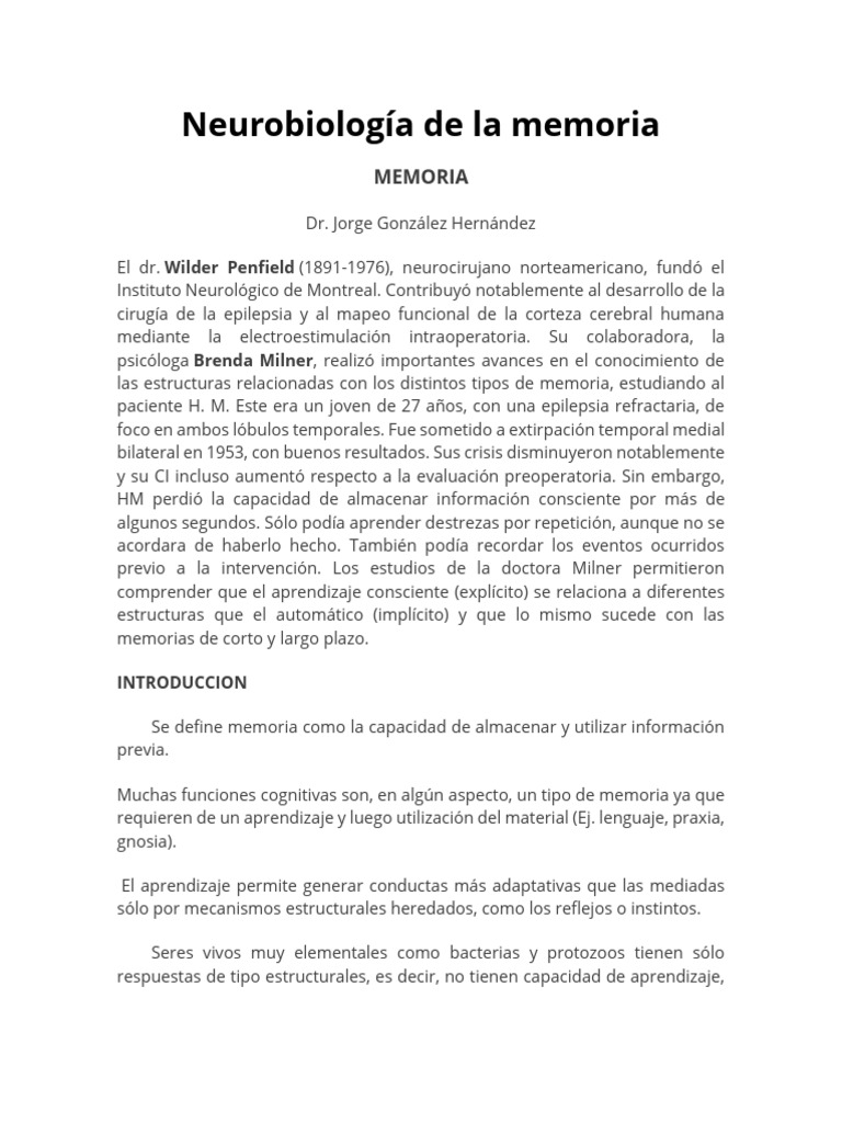 Neurobiología De La Memoria Pdf