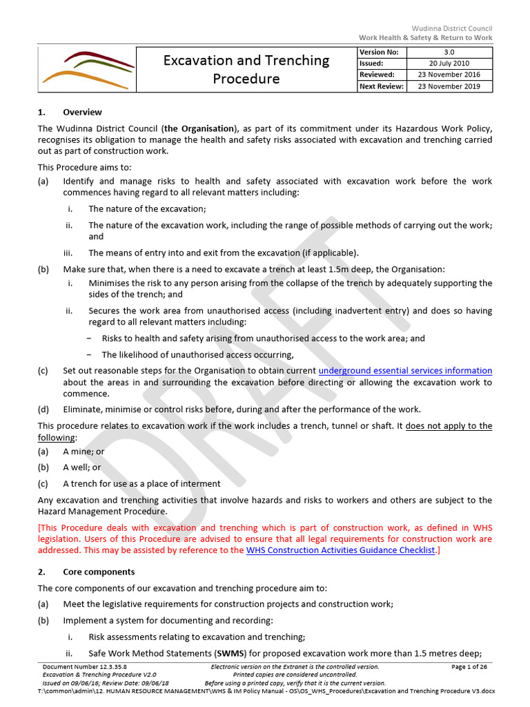 Excavation and Trenching Procedure V3 | PDF