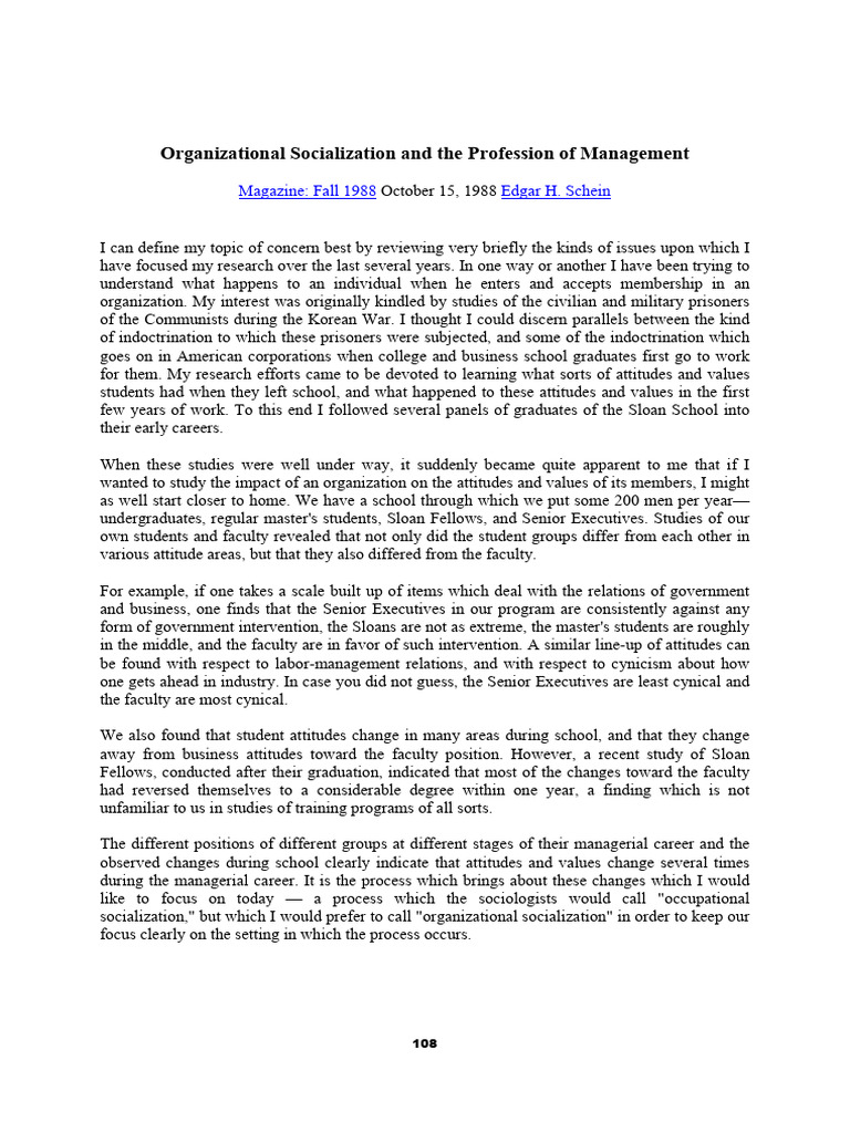 Organizational Socialization and The Profession of Management | PDF