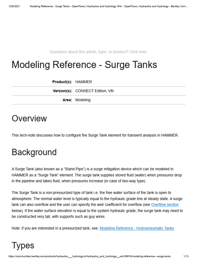 Modeling Reference - Surge Tanks | PDF