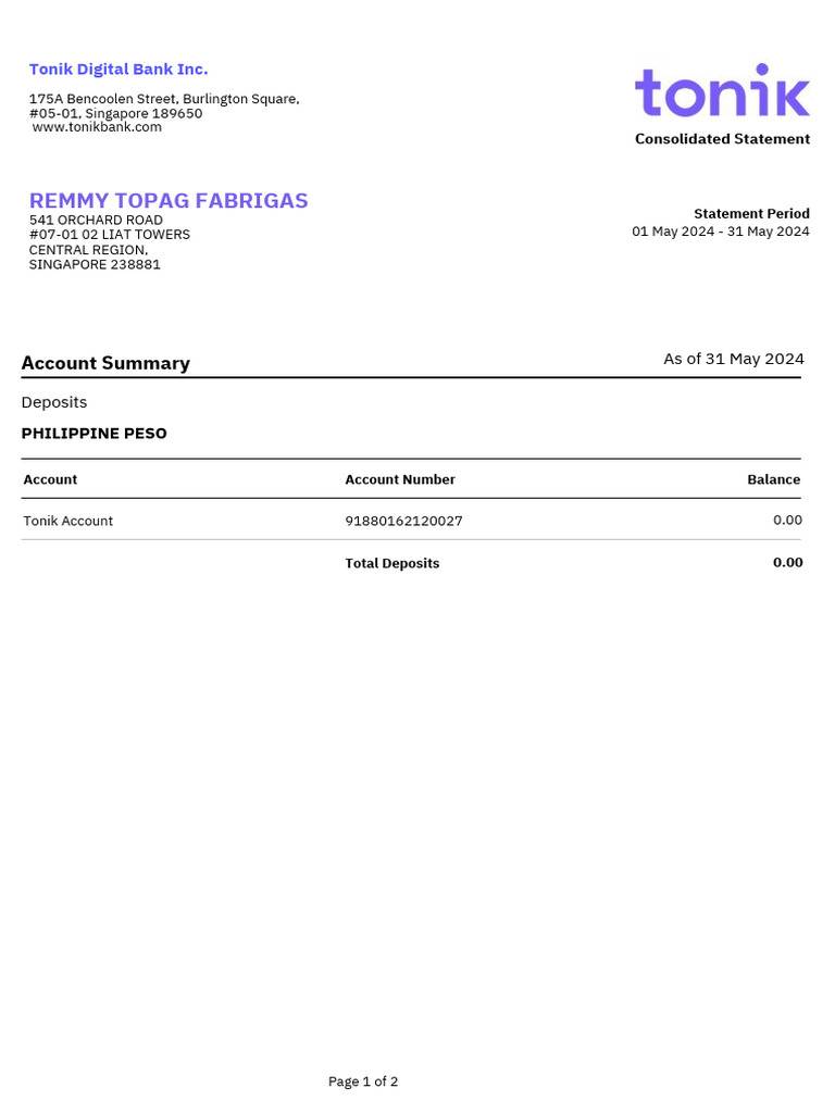 Tonik Bank Statement May 2024 | PDF