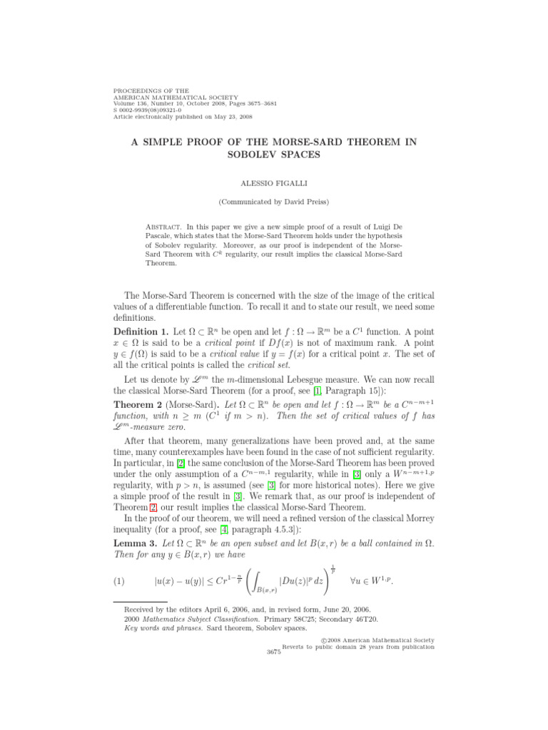 A Simple Proof of The Morse-Sard Theorem in Sobolev Spaces | PDF