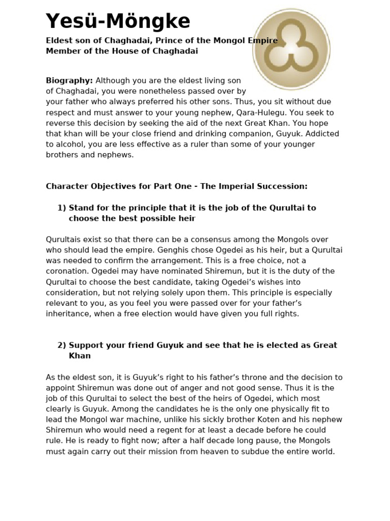 Character Sheet - Yesü-Möngke | PDF