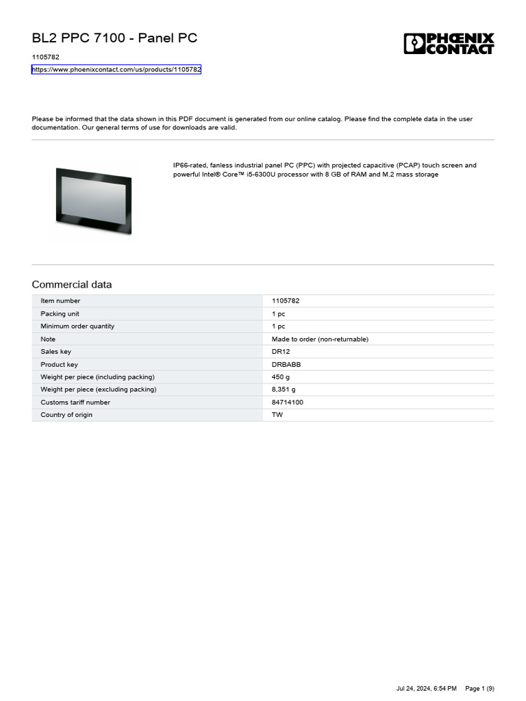 BL2 PPC 7100 - Panel PC: Commercial Data | PDF