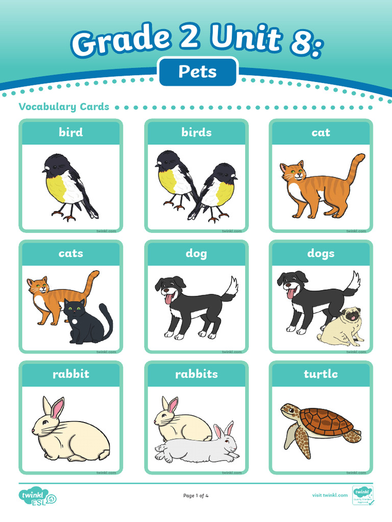 TR e 1699861613 Esl Vocabulary Cards Grade 2 Unit 8 Pets Kids Pre A1 - Ver - 1 | PDF