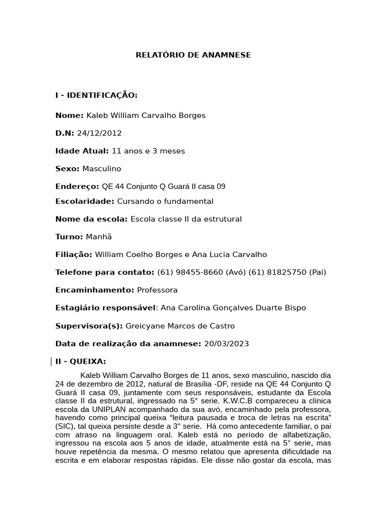 Relatorio de Anamnese Certo | PDF