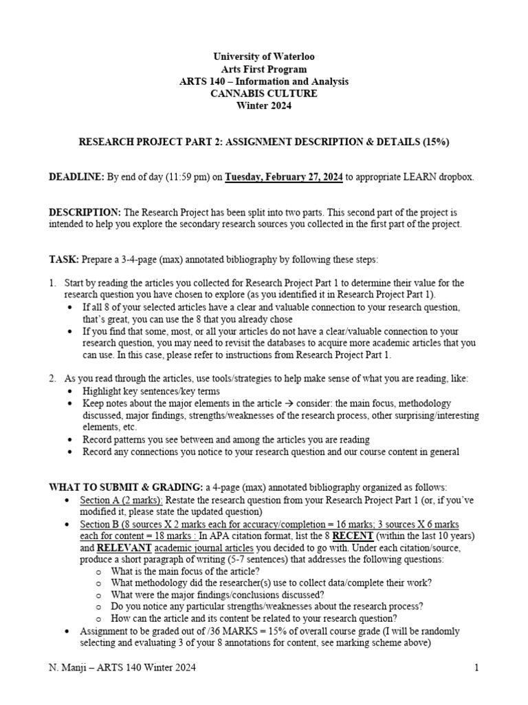ARTS140 - Research Project Part 2 Assignment Description - Winter 2024 | PDF