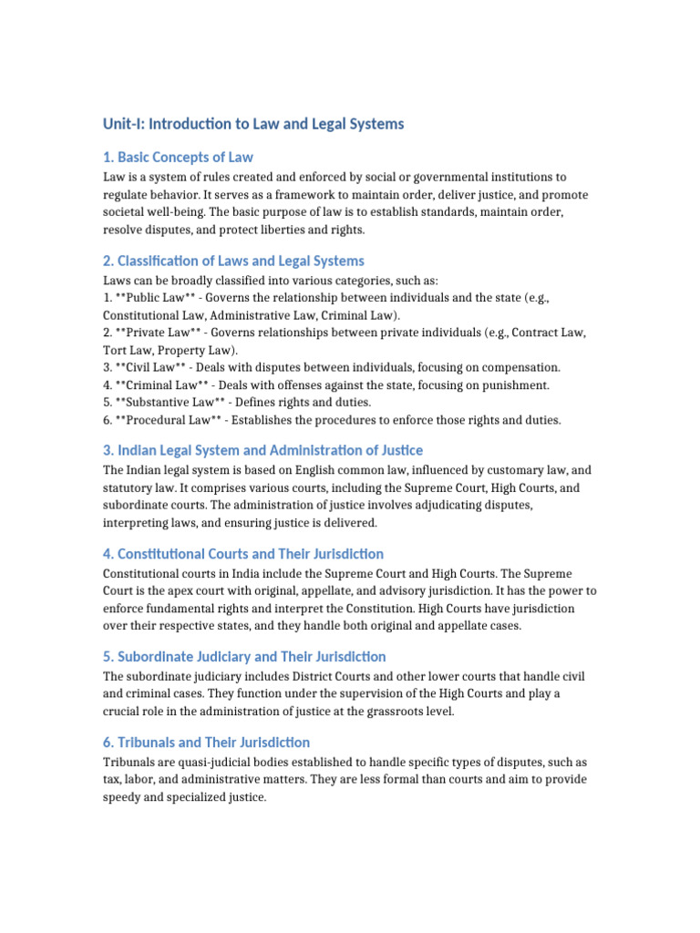Introduction to Law and Legal Systems Notes | PDF
